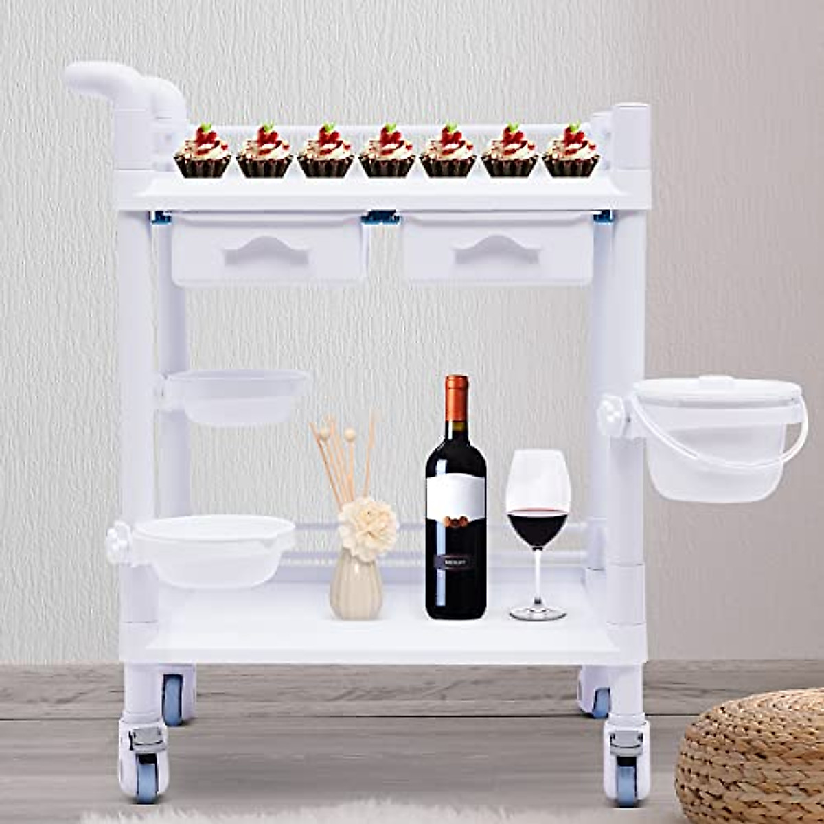 Rolling Utility Cart, 3-Tier Heavy Duty Cosmetology Cart with 360° Swivel Wheels, Dirt Bucket and Drawer for Beauty Salon SPA, Commercial Hospital Office Lab Cart (White)