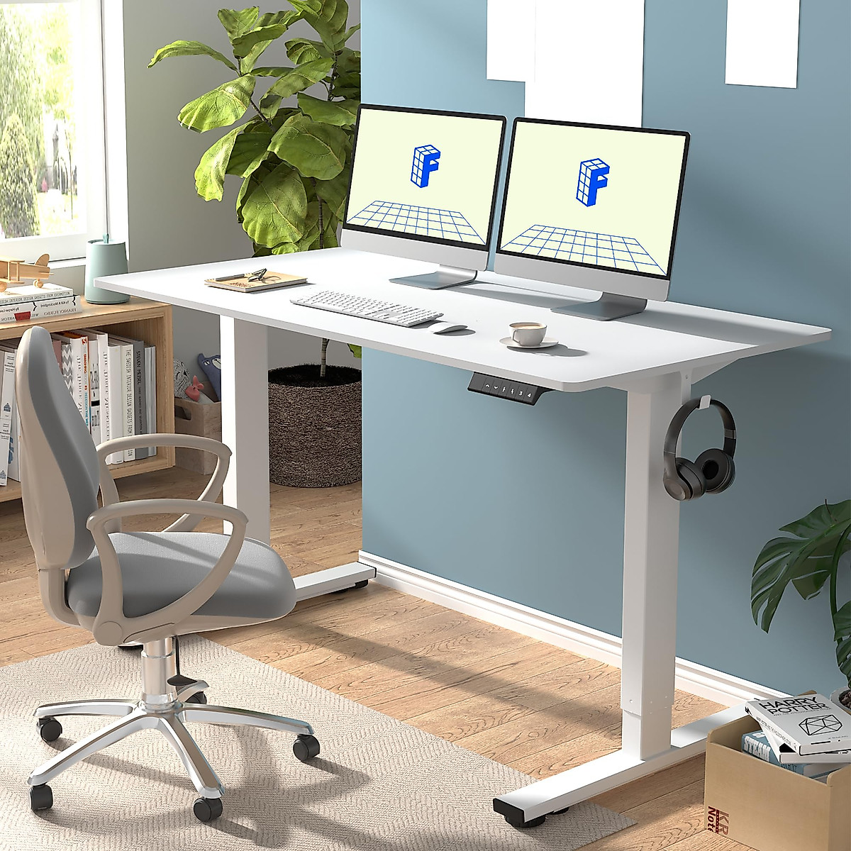 FLEXISPOT EN1 One-Piece Electric White Standing Desk 55 x 28 Inch Desktop Adjustable Height Desk Home Office Computer Workstation Stand up Desk (White Frame + 55" White Top, 2 Packages)