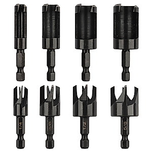Rocaris 8 Pack Wood Plug Cutter Drill Bit Set, Straight and Tapered Taper Cutting Tool 1/4", 5/16", 3/8", 1/2", 1/4 Inch Hex Shank, Black