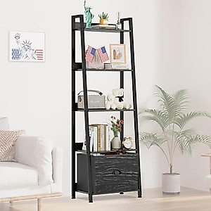 RbhAuto Upgraded Ladder Shelf, 5-Tier Elevated Ladder Bookshelf with Drawers, 63" Tall Bookshelf Ladder Shelf Bookcase, Standing Storage Ladder Shelves for Bedroom, Living Room, Home Office, Black Oak