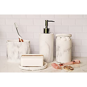 8 PCS White Marble Resin Bathroom Accessory Set, Modern Marble Bathroom Set - Bathroom Soap Dispenser and Toothbrush Holder Set, Tumbler, Soap Dish, Cotton Jar, Amenity Tray, Tissue Box & Waste Basket