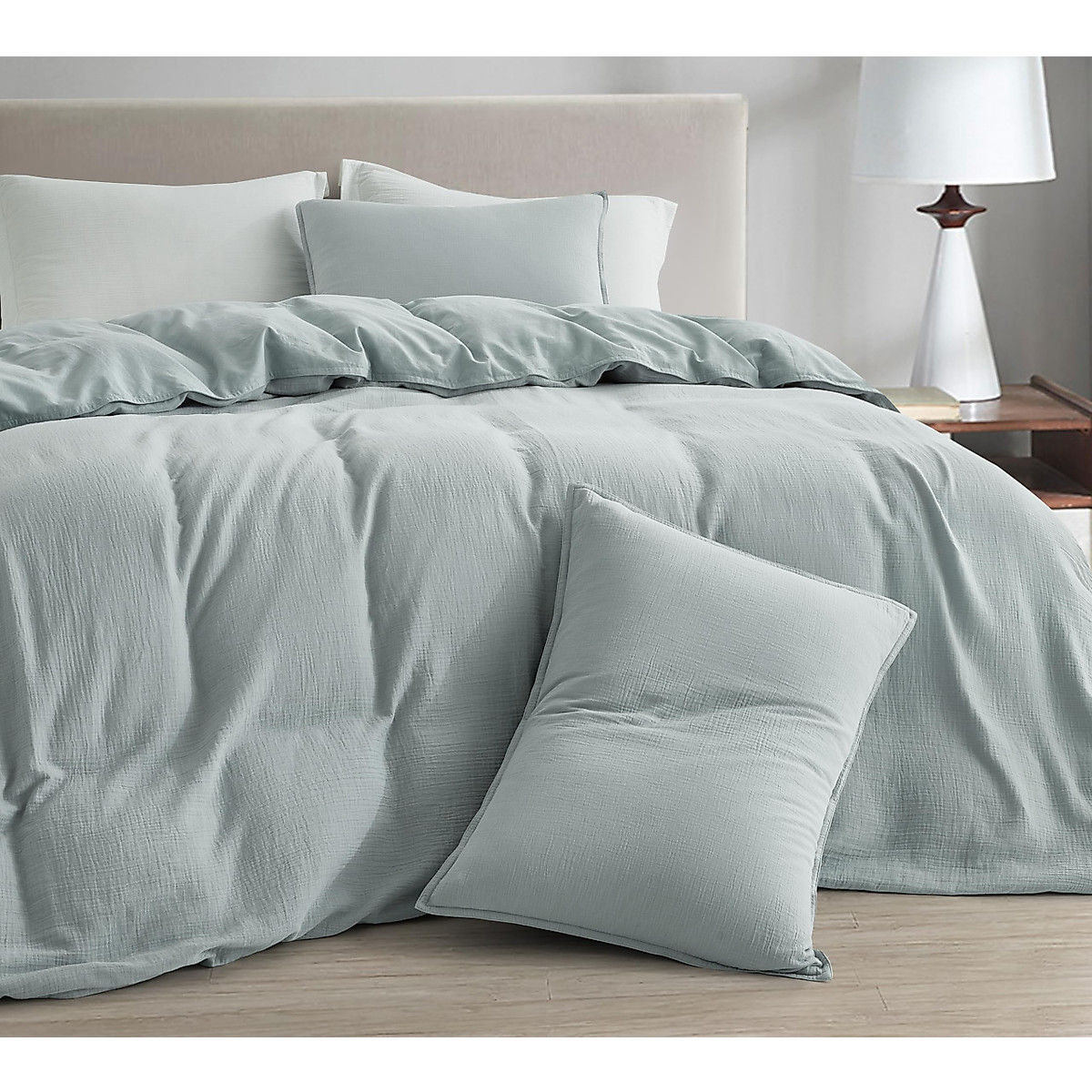 Chezmoi Collection Breeze 3-Piece Cotton Gauze King Duvet Cover Set, Light Blue-Gray Soft Washed Cotton Linen Like Textured Breathable Comforter Cover with Button Closure