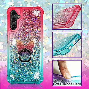 Zase Samsung A14 5G Clear Phone Case Liquid Glitter Sparkly Cute Floating 3D Butterflies Bling Design for Galaxy A14 Shockproof Waterfall Quicksand w/Phone Ring Holder (Gradient Pink Aqua)
