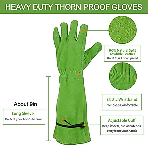 GLOSAV Professional Thorn Proof Gardening Gloves for Women and Men Rose Pruning & Cactus Trimming, Long Sleeve Heavy Duty Ladies Garden Gloves, Cowhide Leather (Small, Green)