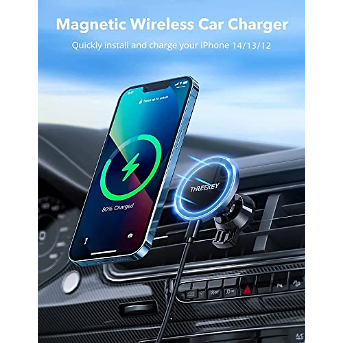 Compatible with Magsafe Car Mount Charger,THREEKEY Magnetic Wireless Car Charger Mount Vent Hook Phone Holder for iPhone 14/13/12 Series Phone & MagSafe Case(with QC3.0 Adapter)