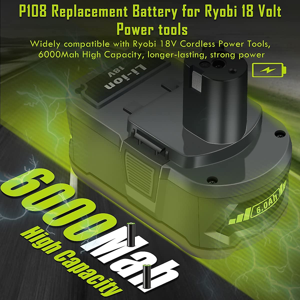 BATINO 2 Pack 6.0Ah P108 18V Replacement Battery for Ryobi P102 P103 P104 P105 P107 P109 P100 P122 18 Volt Lithium-ion Batteries Compatible with Ryobi One+ Cordless Brushless Power Tools
