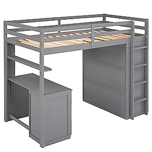 Harper & Bright Designs Twin Size Loft Bed Solid Wooden Loft Bed Frame with Drawers,Desk,and Wardrobe & Safety Guardrail for Kids, Boys and Girls,Teens, No Box Spring Needed (Grey)