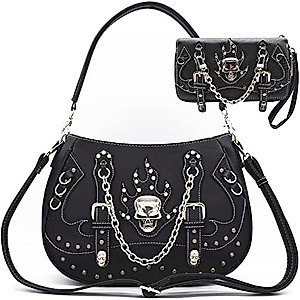 Punk Gothic Rock Metallic Skull Chain Purse Skeleton Leather Shoulder Bag Crossbody Bag Satchel Women Handbag Wallet Set (Black Set)