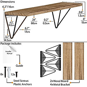 Wallniture Colmar Floating Shelves for Wall, 24" Geometric Triangle Shelf Set of 2 for Living Room Decor Burned Storage Shelves with Black Shelf Brackets