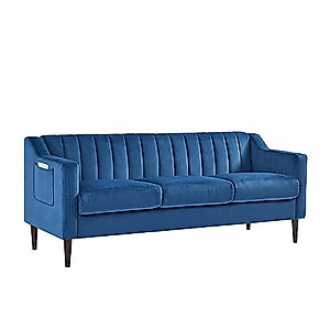 KNAMOTL Mid Century 3 Seats Velvet Chesterfield Sofa Couch with Storage Side Pocket, Upholstered Tufted Comfortable Sofa with Armrest for Bedroom Apartment Home Office, Space-Saving (Blue)