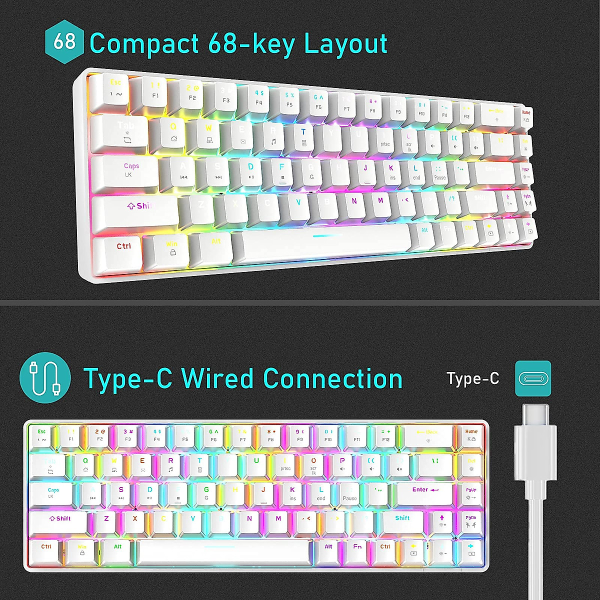 Compact 60% Mechanical Gaming Keyboard and Mouse Combo with Ergonomic Anti-ghosting 68 Key Rainbow RGB Backlight 6400DPI Honeycomb Mice Type-C Wired for PC Mac Gamer Office Typist(White/Blue Switch)