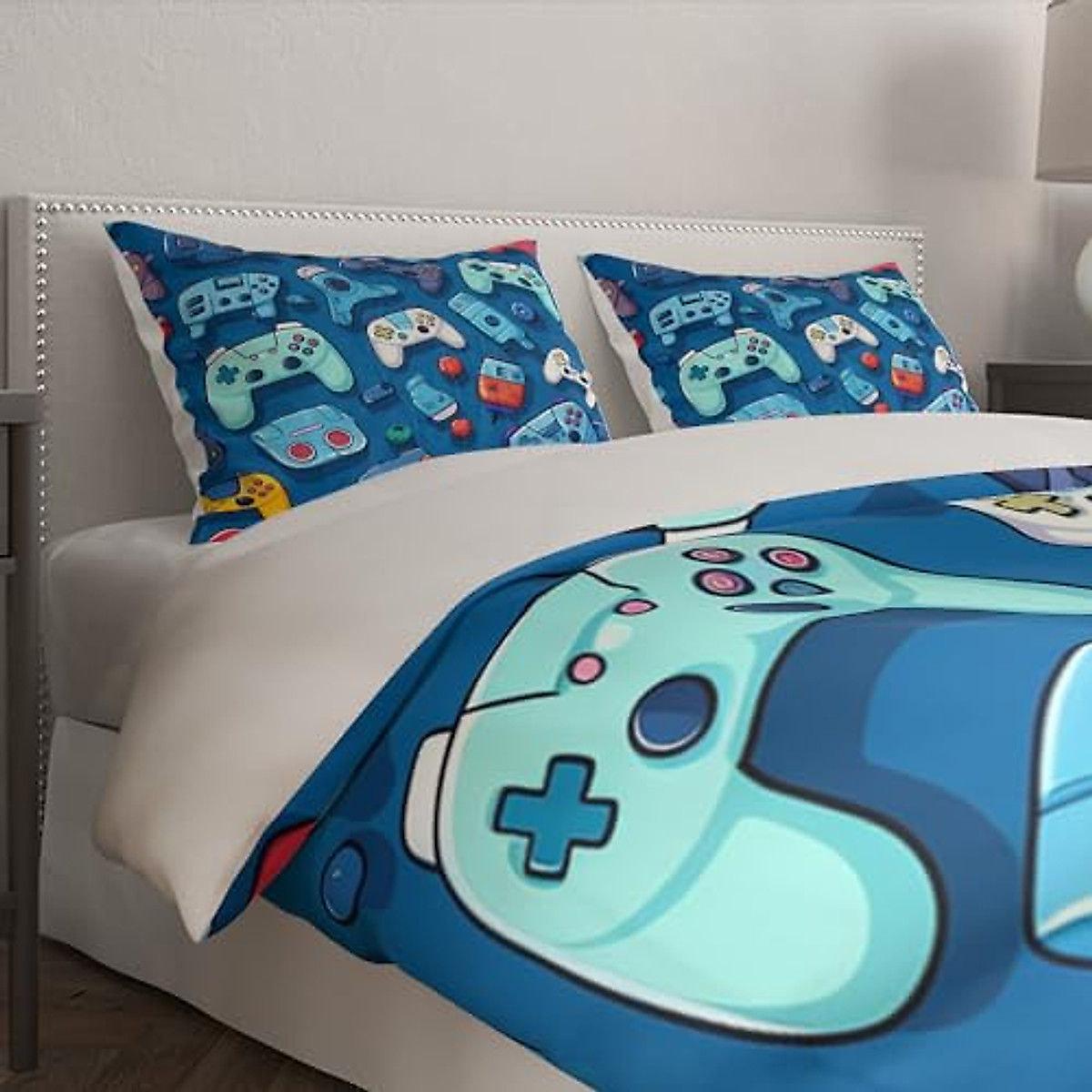Placitiume Kids Gamer Duvet Cover Set Video Game Controller Comforter Cover Set - Youth Gaming Console Comforter Cover with 2 Pillowcases - Ideal for Gamer Room Decor Bedroom Bed Decor, No Comforter