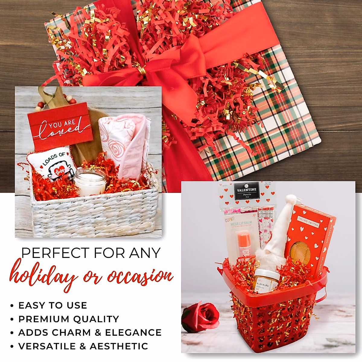 MagicWater Supply Crinkle Cut Paper Shred Filler (4 oz) for Gift Wrapping & Basket Filling - Red & Gold