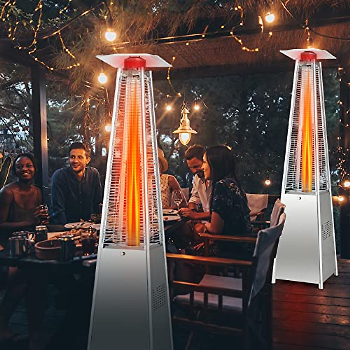 Toolsempire Outdoor Patio Heater 42,000 BTU, Propane Gas Space Heater Pyramid Stainless Steel Heaters Quartz Glass Tube with Wheels for Garden, Yard, Residential & Commercial Use, 90” Tall, Silver