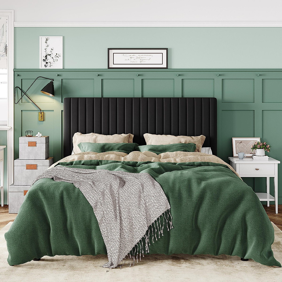 Allewie Full Bed Frame, Velvet Upholstered Platform Bed with Vertical Channel Tufted Headboard, Mattress Foundation with Strong Wooden Slats, Box Spring Optional, Easy Assembly, Black