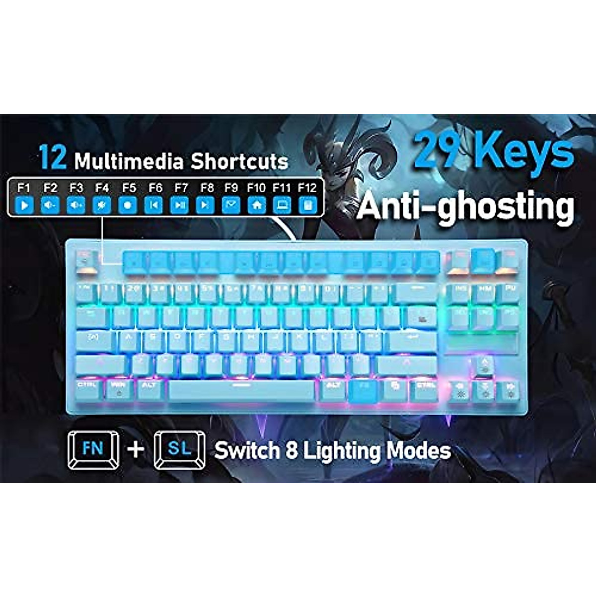 Mechanical Gaming Keyboard, LED RGB Backlit Compact 87 Keys Mini Wired Office Keyboard with Blue Switch for Windows Laptop PC Mac - Blue