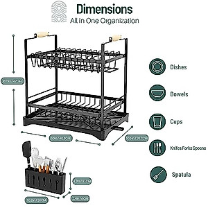 E-ROOM TREND Dish Drying Rack,Black Large Capacity and Multifunctional Carbon Steel Dish Rack, 2-Tier Dish Drying Rack, Rustproof Kitchen Dish Drying Rack with Drainbo & Utensil (DR201W)