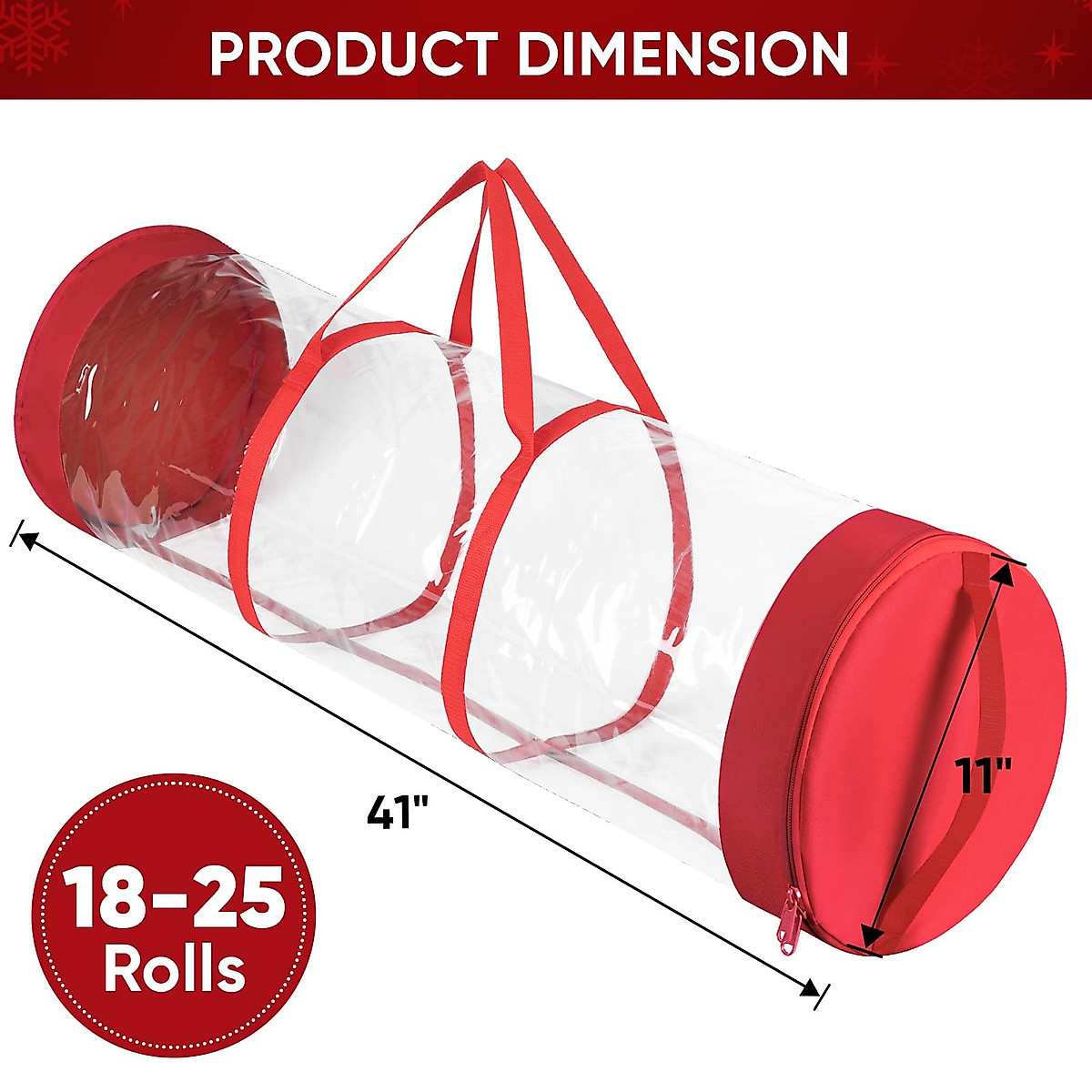 BALEINE Christmas Wrapping Paper Organizer Storage, 41" Gift Wrapping Paper Storage Containers, Clear PVC with Durable 600D Oxford Fabric Gift Wrap Paper Holder Fits 18-25 Rolls, Grey