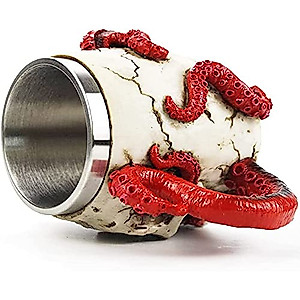 Skull Mug Parasite Octopus Beer Coffee Mugs with Tentacle Handle, Stainless Steel and Resin Tankard Skeleton Cranium Skull Beverage Drinking Cup for Ossuary Macabre Halloween Decorative Accent - 13oz