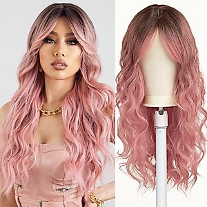 Esmee Long Wavy Pale Pink Wig For Women Bangs Wig Curly Synthetic Hair Natural Looking Heat Resistant Fiber For Daily Party Cosplay Christmas Wear