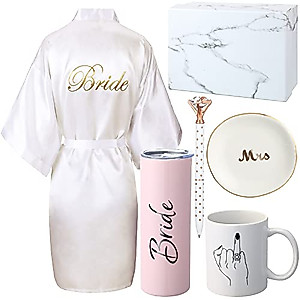 Janmercy 6 Pcs Bride Gifts Set Gift Box Bridal Shower Engagement Party 20 oz Stainless Steel Tumbler Cup Mug Jewelry Tray Silk Robes (L Size, White)