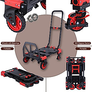 2-in-1 Folding Hand Truck Dolly 330LB Load Carrying,Hand Truck Foldable Dolly with Retractable Handle and 4 Rubber Wheels,Portable Folding Hand Cart for Luggage/Travel/Office