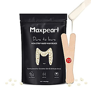 Maxpearl 1lb Hard Wax Beads Refill, Sensitive Skin Friendly Hair Removal Wax Beans, for Delicate Areas - Eyebrows, Face, Armpits, Brazilian Bikini Line, Non Strip Wax with 10 Application Sticks