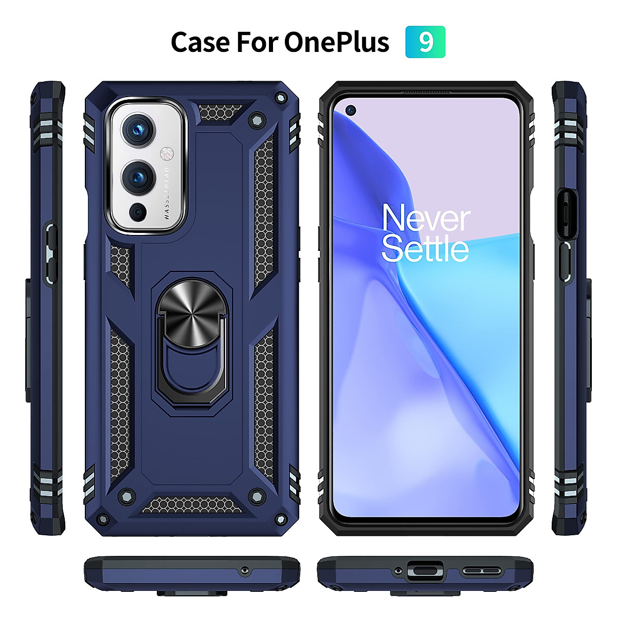 Dionsibei Military Grade Drop Impact for Oneplus 9 Case Oneplus 9 5G Case 360 Metal Rotating Ring Kickstand Holder Armor Heavy Duty Shockproof Case for Oneplus 9 Phone Case (Blue)