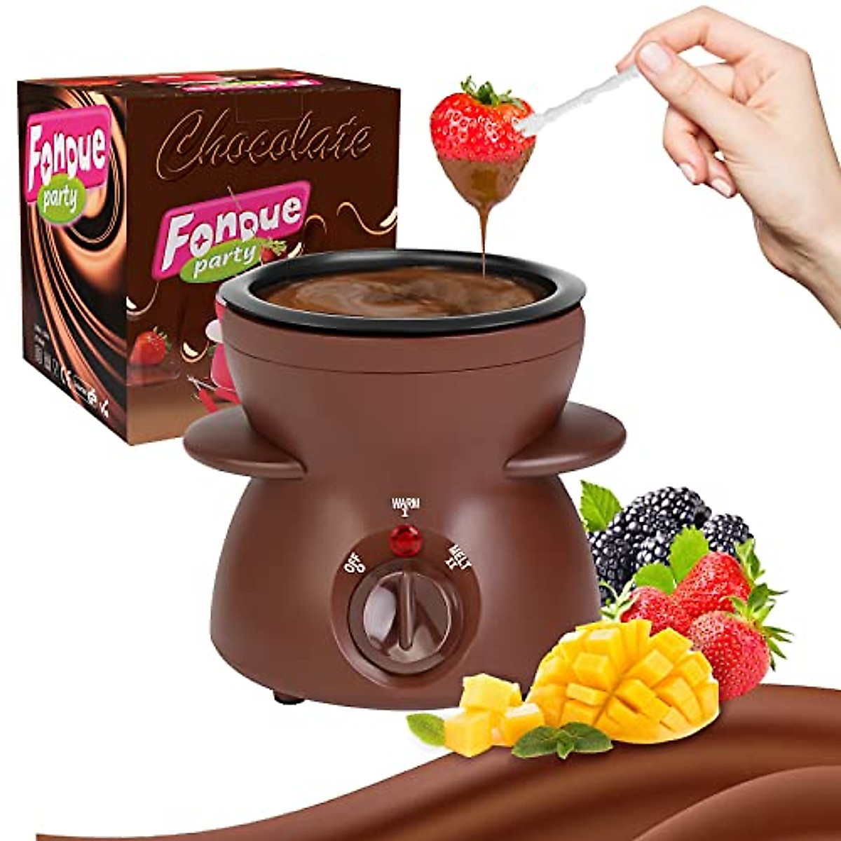 OFFKITSLY Fondue Pot Set, Mini Electric Fondue Pot Set for Melting Chocolate Cheese, Chocolate Meting Pot fondue maker with Dipping Forks For Holiday Birthday Party Gift-Brown