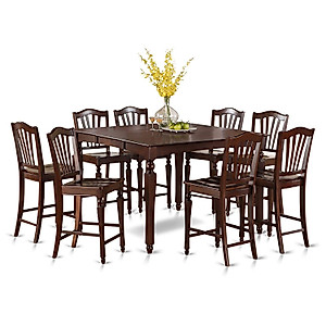 East West Furniture CHEL9-MAH-W 9 Piece Counter Height Dining Table Set Includes a Square Kitchen Table with Butterfly Leaf and 8 Dining Chairs, 54x54 Inch, Mahogany
