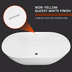 ZUAGCO Free Standing Tub 59" Curve Shape Acrylic Freestanding Bathtub Adjustable Modern Soaking Tub with Integrated Slotted Overflow and Removable Pop-up Drain Anti-clogging Glossy White 59"x30"