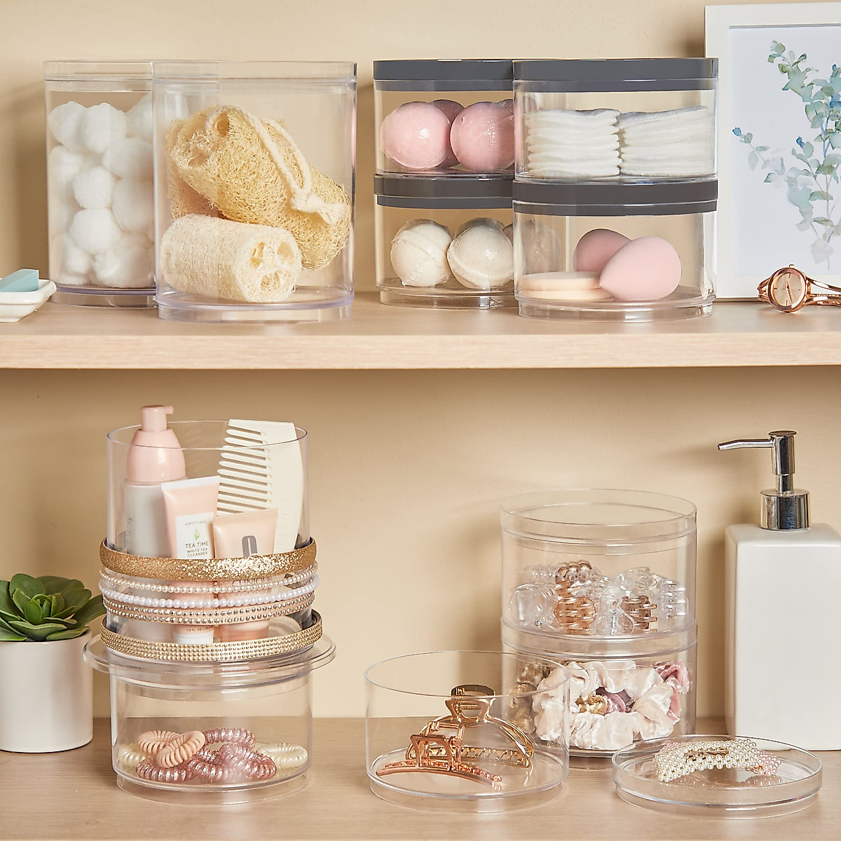 STORi Bella Stackable Clear Plastic Hair Accessory Organizer Set | Round Headband and Hairbrush Holder Stacks on The Storage Containers with Tray Lid | Made in USA