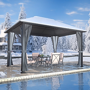 VEIKOU 10' X 12' Outdoor Gazebo, Galvanized Steel Hardtop Gazebo w/Netting and Curtains, Patio Gazebo with Single Roof, Heavy Duty Gazebo for Garden, Lawn, Deck, Backyard