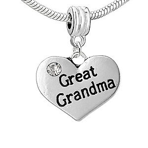 Sexy Sparkles Heart 2 Sided with Rhinestone Family Charm Compatible for Most European Snake Chain Bracelets (Choose from Menu) (Great Grandma Charm Bead)