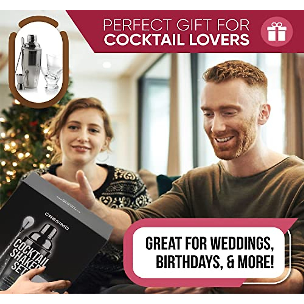 24oz Cocktail Shaker Set Bartender Kit with 2 Stemless Martini Glasses - The Perfect Mixology Home Bar Set Gift - Large Drink Mixer and Bar Accessories: Jigger, Bar Spoon and Martini Glasses - Cresimo