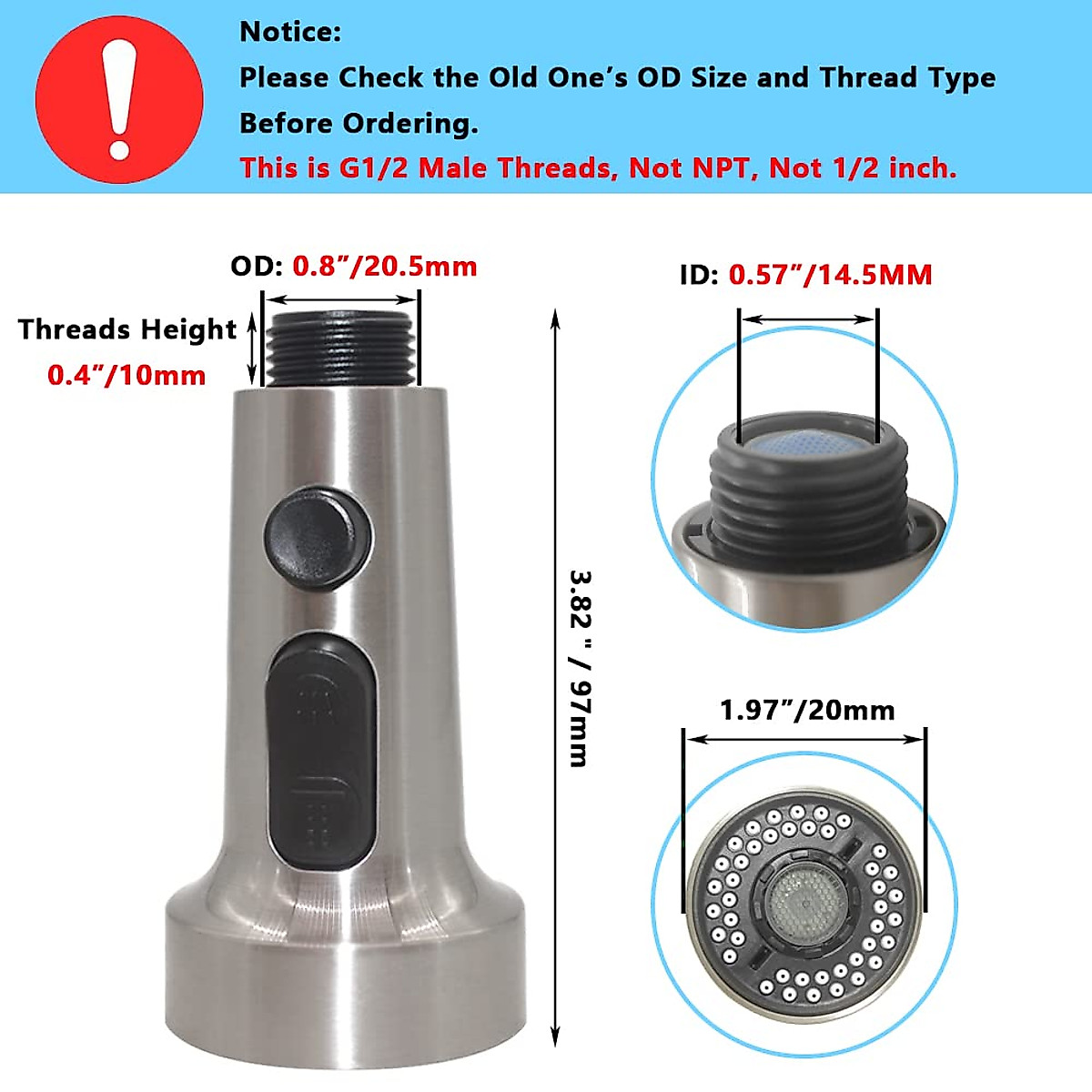 Hooshing Kitchen Sink Faucet Head Replacement 3 Function Pull Down Faucet Sprayer Head Nozzle Kitchen Faucet Head Hose Spray Tap Spout Only for G1/2 Connector, Brushed Nickel