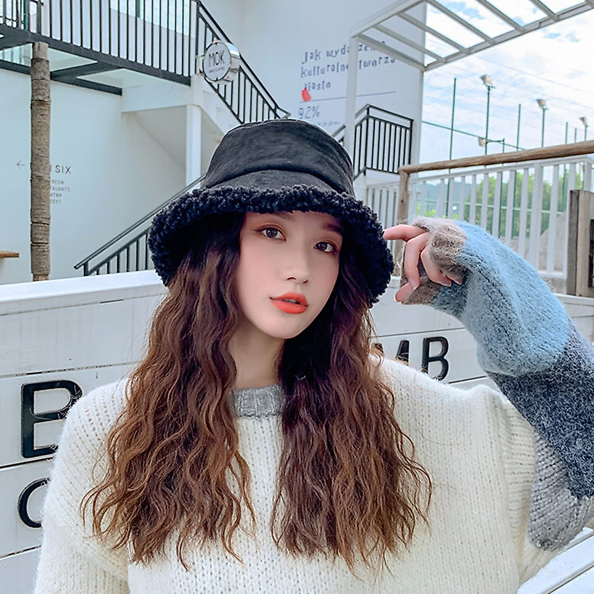 Peicees Winter Fluffy Bucket Hat for Women Girls Fuzzy Warm Bucket Hat with Faux Fur for Kids Reversible Fisherman Cap Black