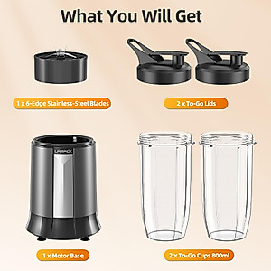 Lampick Smoothie Blender, 1300W Personal Blender for Smoothies, Shakes and Nutrient Extractions with 2pcs BPA-Free 27oz Portable Blender To-Go Bottles