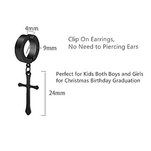Non-pierced Earrings Set for Men Women Cross Titanium Steel Hoop Dangle Clip On Earring Black