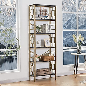 HOMISSUE Bookcase,6-Tier Tall Bookshelf Metal Bookcase and Bookshelves, Free Standing Storage Modern Bookshelf for Home Office Living Room and Bedroom, Black & Gold