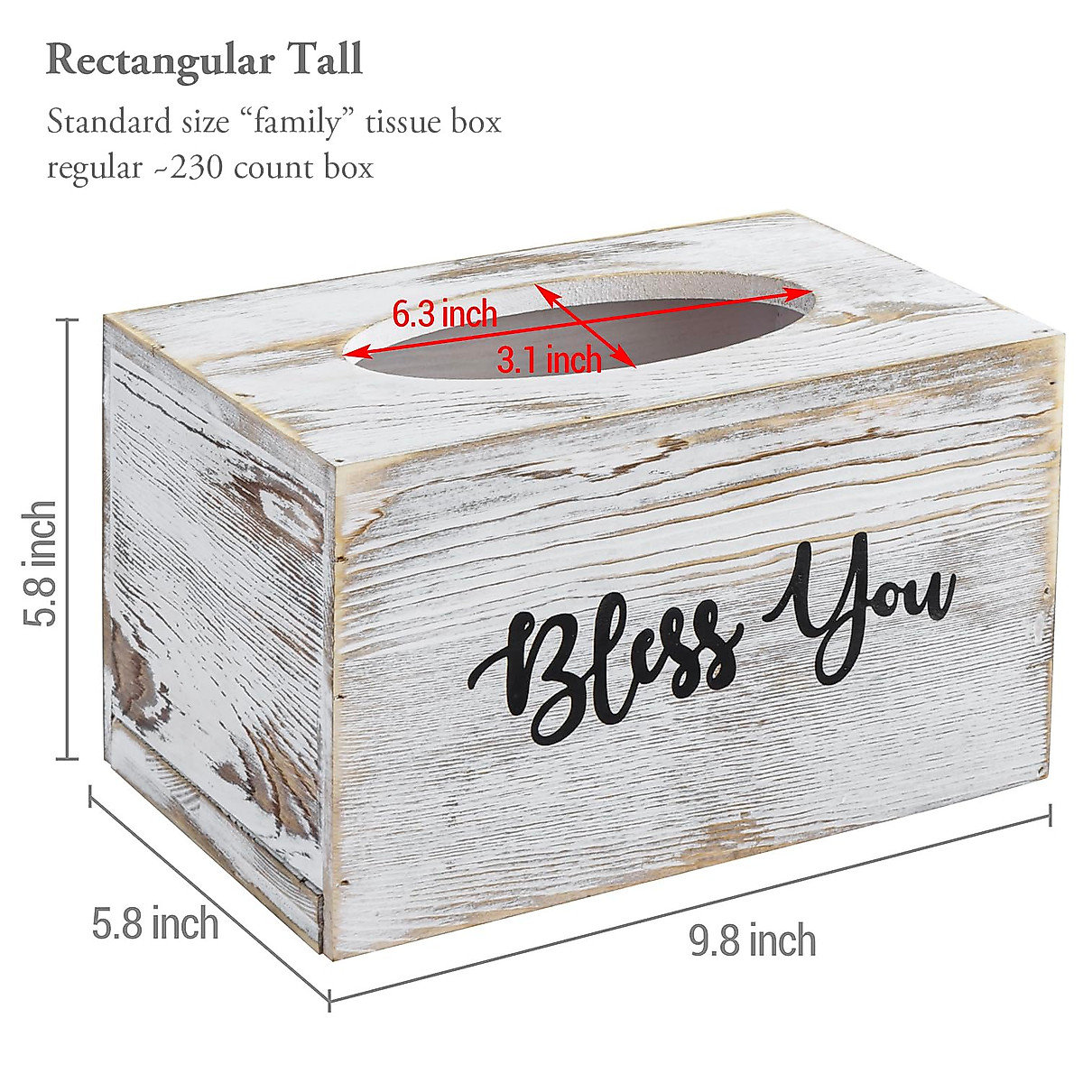 MyGift Rustic Whitewashed Solid Wood Tissue Box Holder Cover, Rectangular Tissue Holder with Easy Slide Out Bottom and Bless You Cursive Lettering