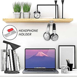 GOGUY Under Desk Hook Aluminum Stick-On Adhesive Dual Headsets Holder Mount PC Gaming Accessories, Headphone Stand with Cable Organizer,Black