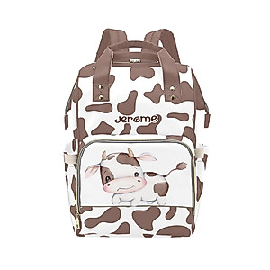 Urcustom Personalized Name Diaper Bag Backpack Cow Print Brown Multifunction Travel Backpack Nappy Bag Daypack for Mom Dad Boy Girl
