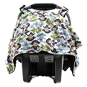 Dear Baby Gear Deluxe Car Seat Canopy - Double Layer Infant Car Seat Cover - Soft and Breathable - Multi Colored Mischievous Monkeys Print/Brown Dot - 30" x 40"