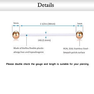 FECTAS 14G Industrial Barbells Cartilage Piercing Flexible Bar Helix-Conch Piercing Bar 6PCS 1 1/2in(38mm) 6PCS