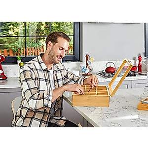 RoyalHouse Big Natural Bamboo Tea Storage Organizer with Clear Acrylic Top Window, 12 Compartments Eco-Friendly Tea Bag Holder, Multi-Functional Storage Box