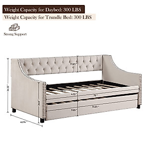 Obuvar Twin Size Daybed with Trundle, Upholstered Velvet Day Bed Frame with Tufted Button, Modern Furniture Sofa Bed for Living Room, Bedroom, Guest Room, Dorm, No Box Spring Needed, Beige