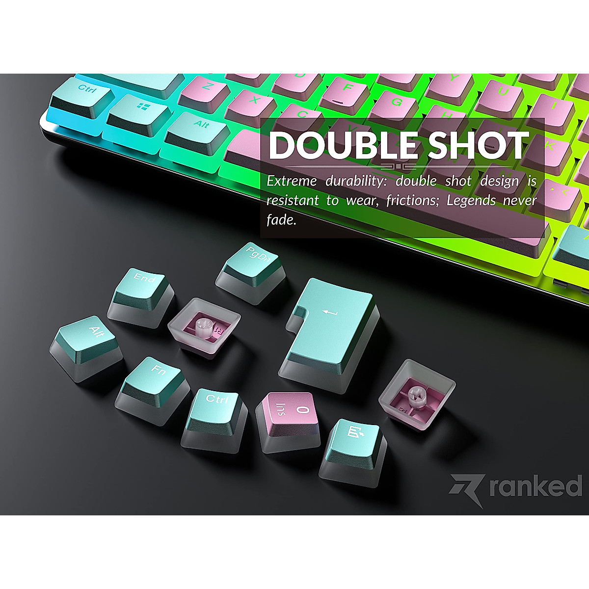 Ranked Pudding v2 PBT Keycaps | 145 Double Shot Translucent ANSI US & ISO Layout | OEM Profile for Full Size, TKL, 75%, 65% and 60% RGB Mechanical Gaming Keyboard (Miami Vice)