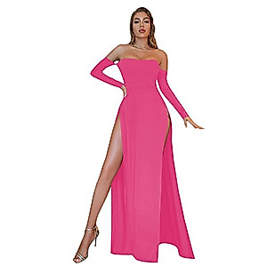 MakeMeChic Women's Off Shoulder Long Sleeve High Slit Long Maxi Cocktail Party Dress Hot Pink XL