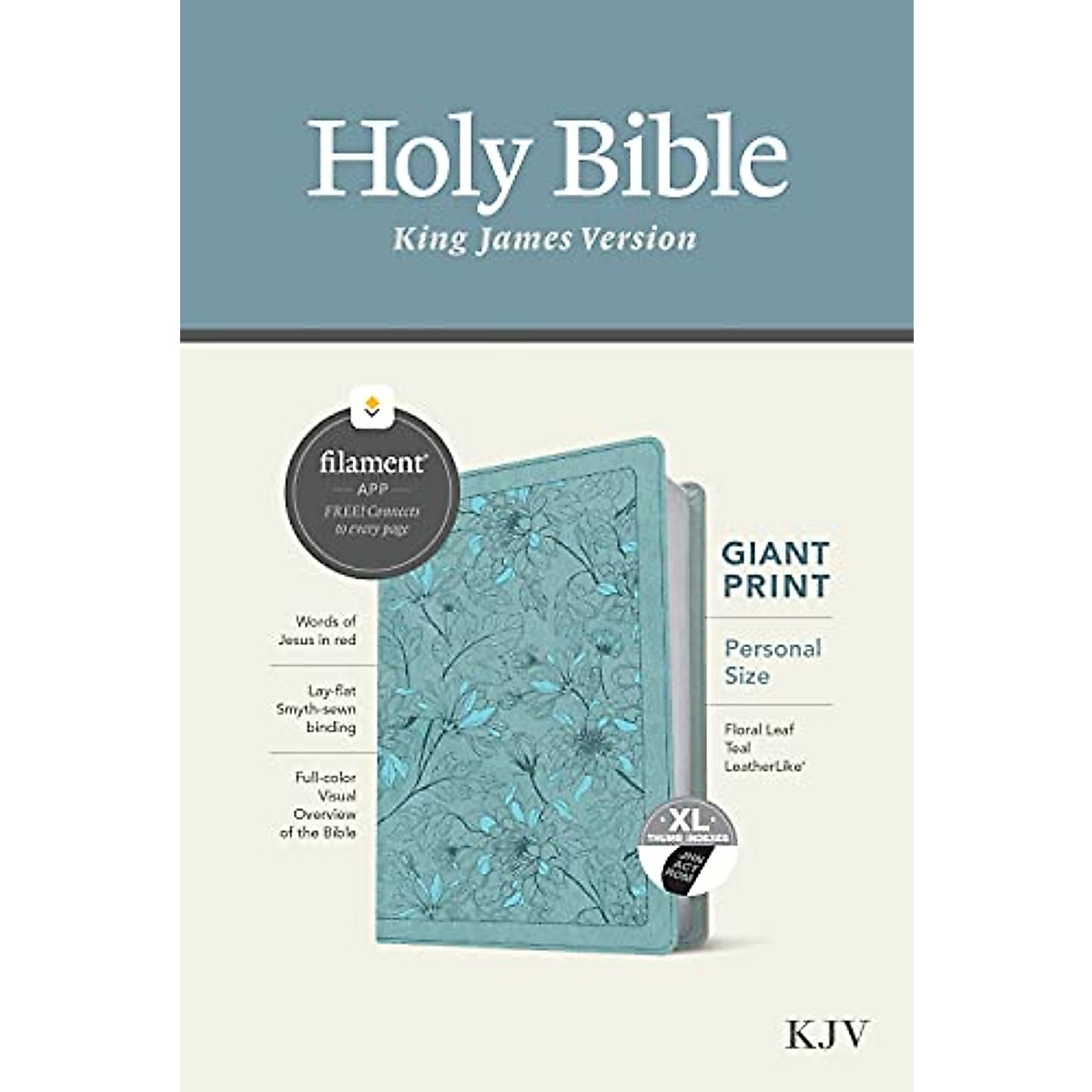 KJV Personal Size Giant Print Bible, Filament Enabled (LeatherLike, Floral Leaf Teal, Indexed, Red Letter)